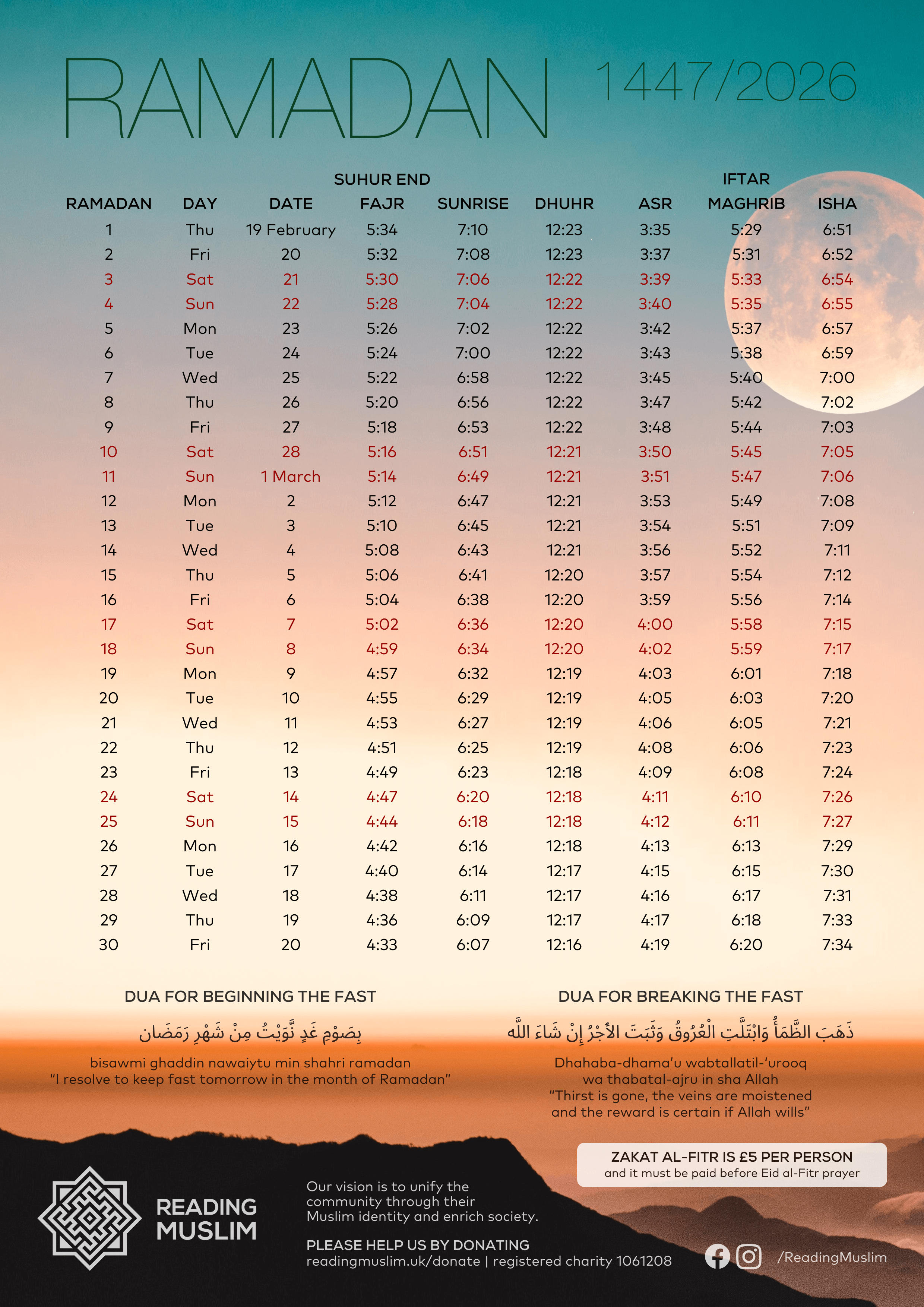 Ramadan 2026 Timetable Uk